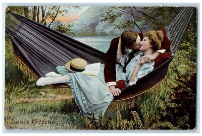 c1910's Valentine Sweet Couple Kissing Romance Hammock Tuck's Antique ...