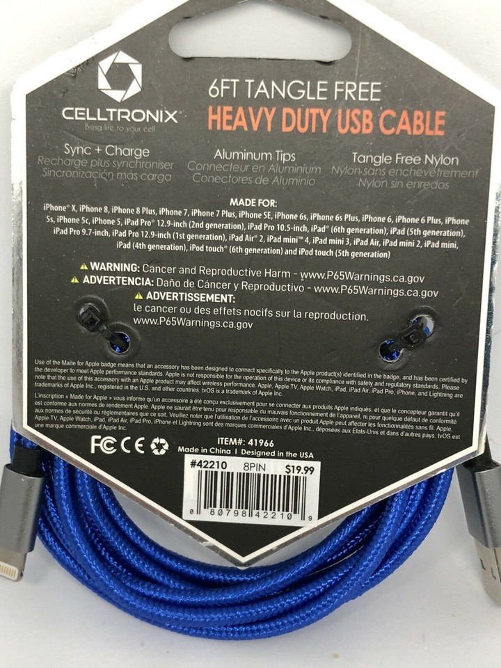 Celltronix Titanium 6Ft Tangle Free USB Cable For iPhone, Blue - Heavy ...