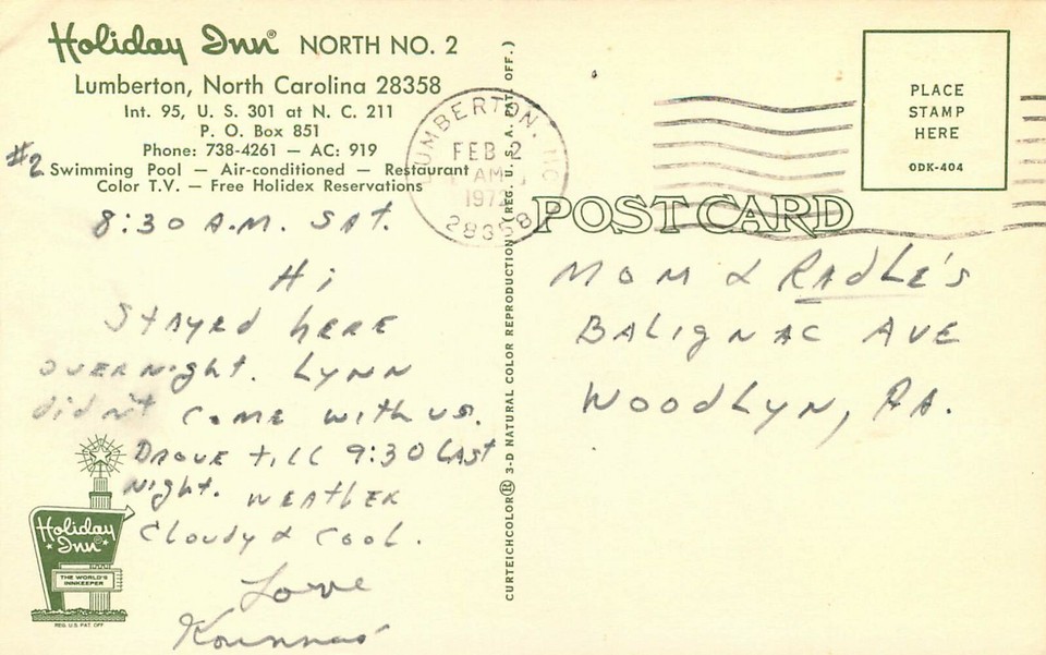 Holiday Inn Motel Postcard Vintage North Carolina North 2 Lumberton ...