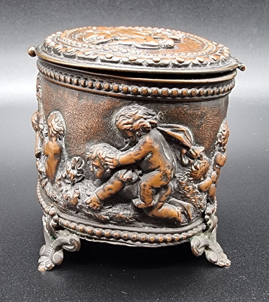 Antique Victorian Copper Jewelry Box with Relief Scenes of Cherubs ...