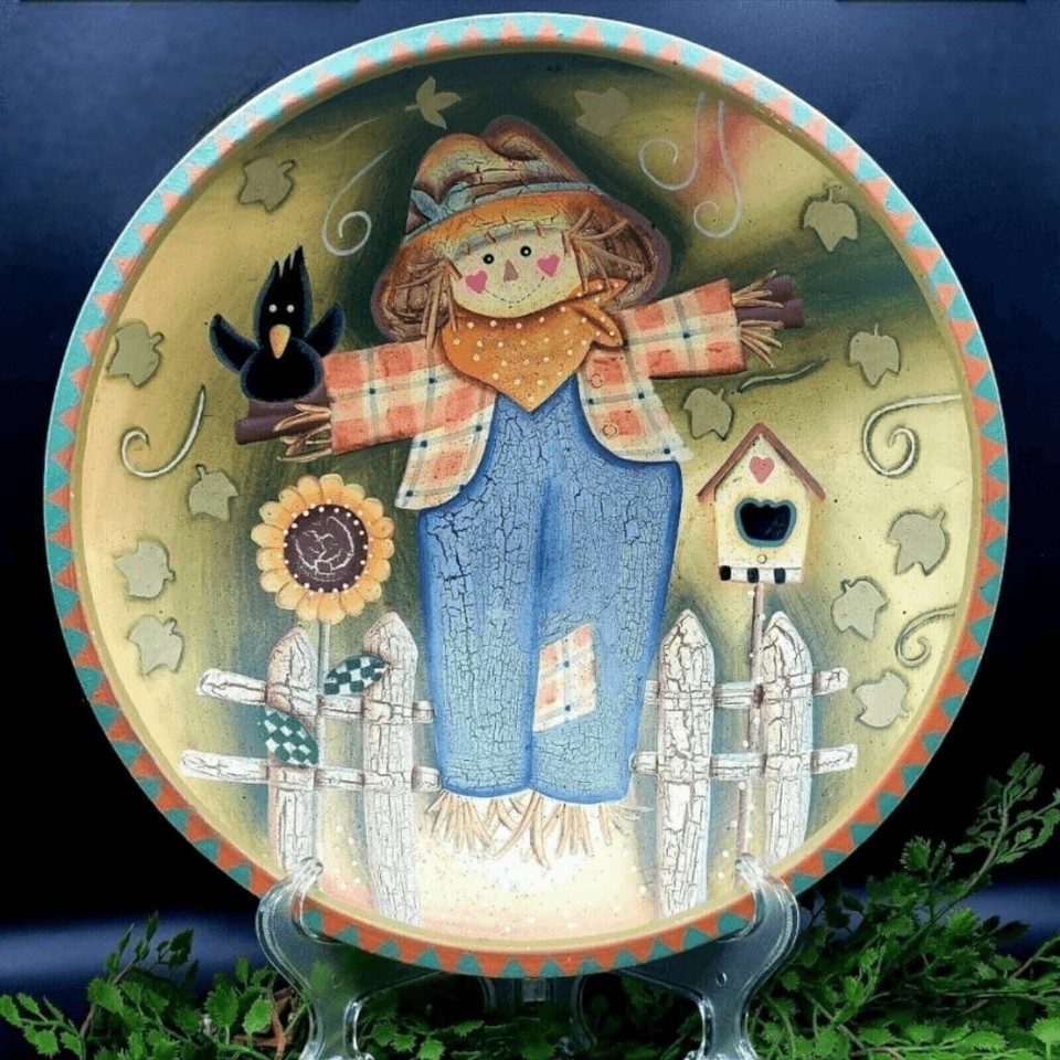 Scarecrow Folk Art Wood Bowl Hand Painted Halloween Primitive Black ...