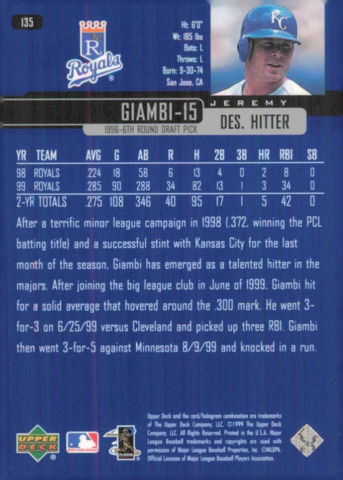 2000 Upper Deck #135 Jeremy Giambi Kansas City Royals Baseball Card | eBay