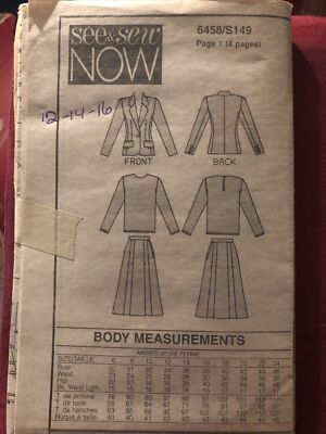 VINTAGE BUTTERICK SEWING PATTERN 6458 MISSES SZ 12-14-16 JACKET/SKIRT ...