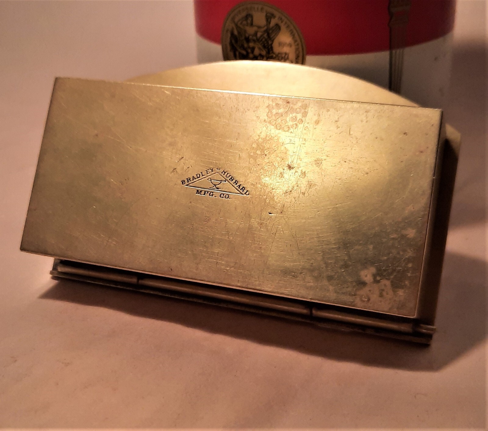 BRADLEY & HUBBARD vtg brass postage stamps case pill box stash coin ...