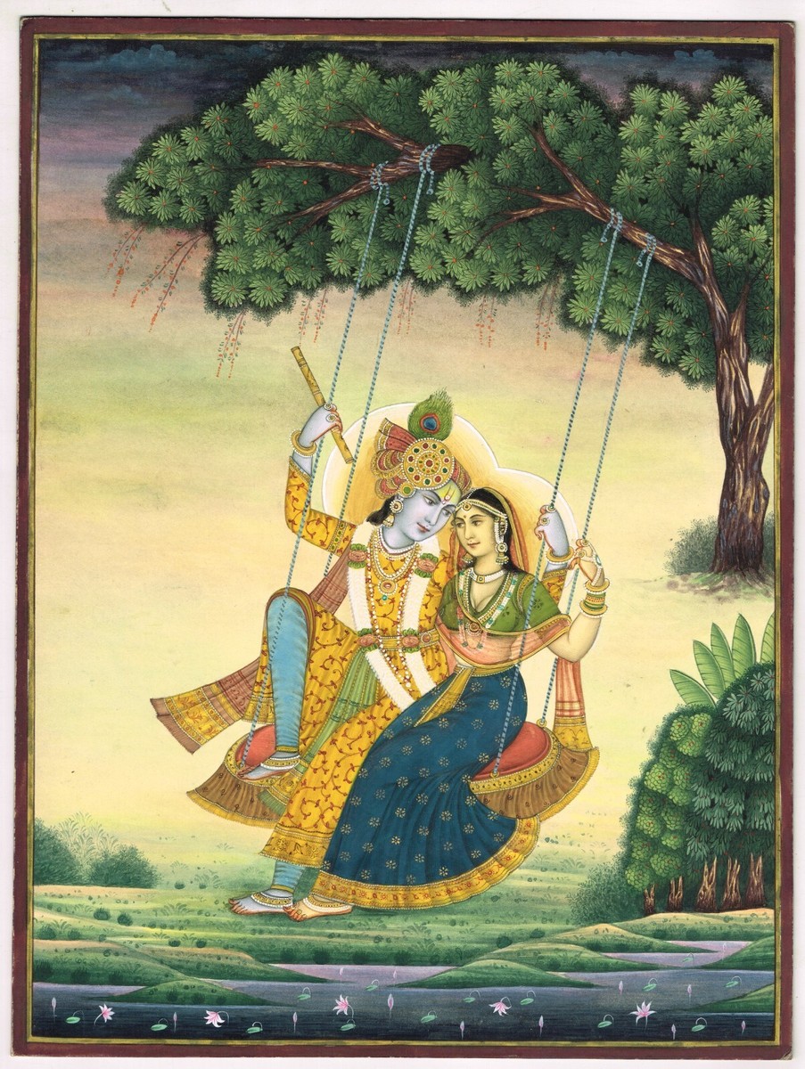 Radha Krishna On Swing Glass Paintings Brown Radha Rani And Krishna On