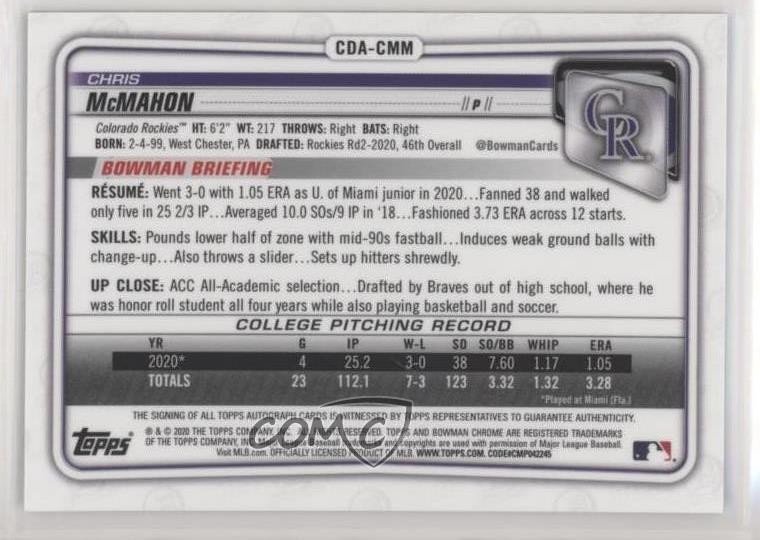 2020 Bowman Draft Chrome Picks Sparkle Refractor 11/71 Chris McMahon ...