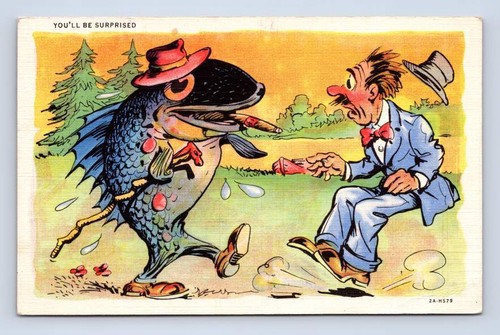 Cigar-Smoking Fish "You'll Be Surprised" Vintage Ray Walters Linen ...
