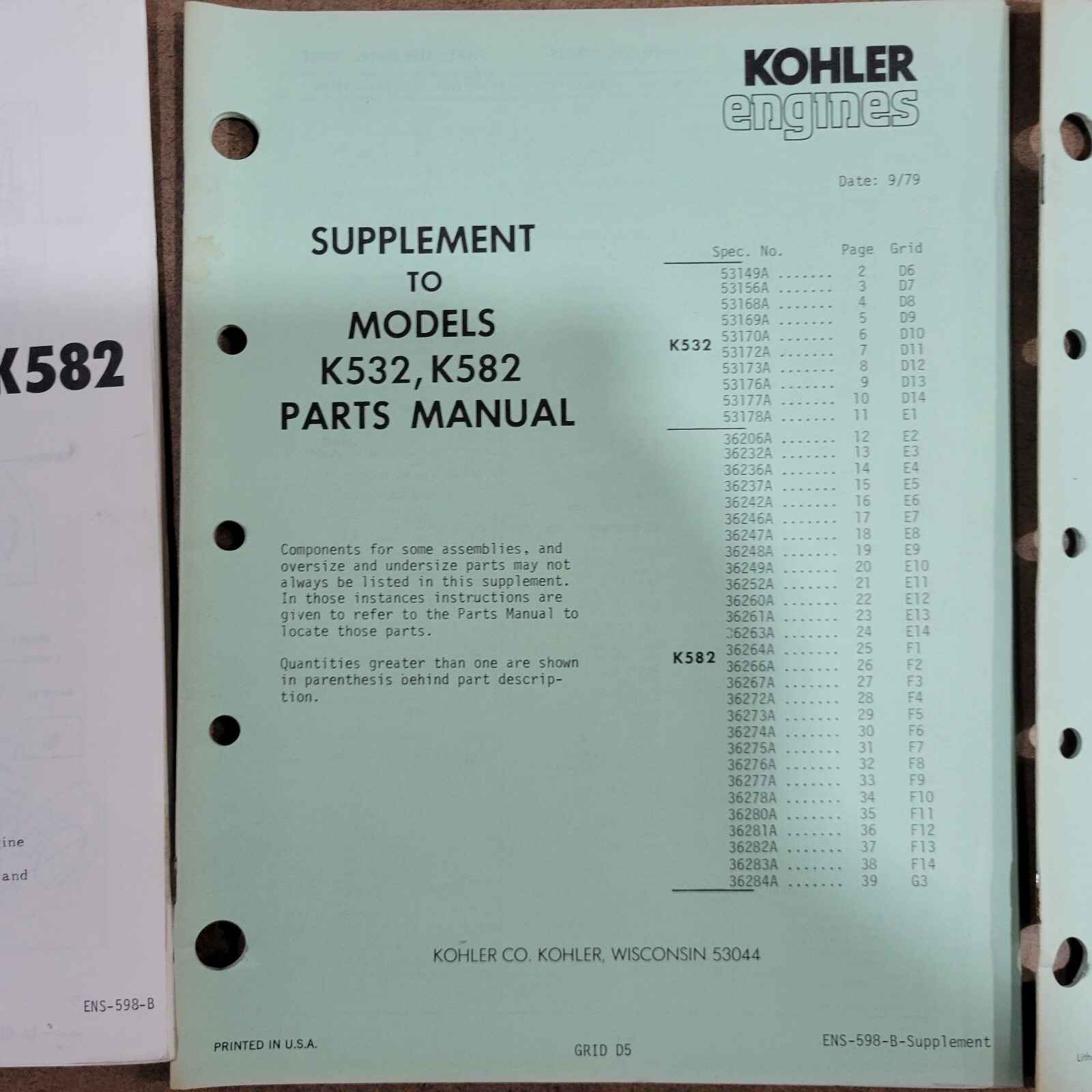 Kohler John Deere 400 - K Series 2-Cylinder K482,K532,K582 Parts Catalog Manual | eBay