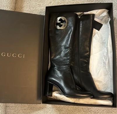 1999 Vintage Gucci Tom Ford Black Leather Logo Knee High Boots Size 36. ...