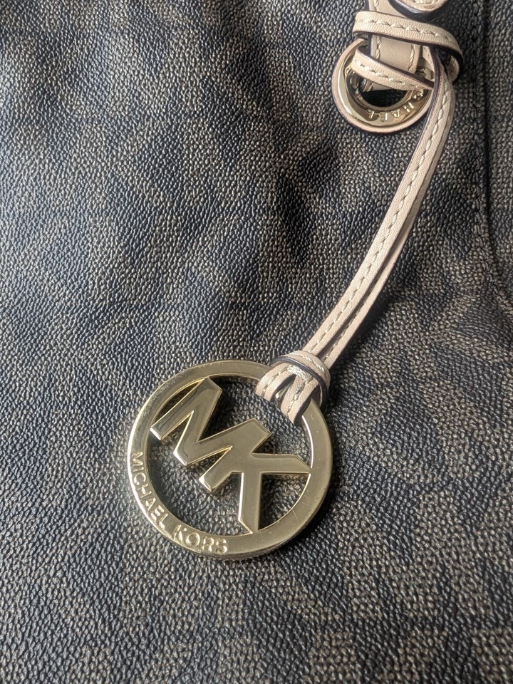 Michael Kors Jet Set Logo Signature Tote Brown With Beige Leather ...