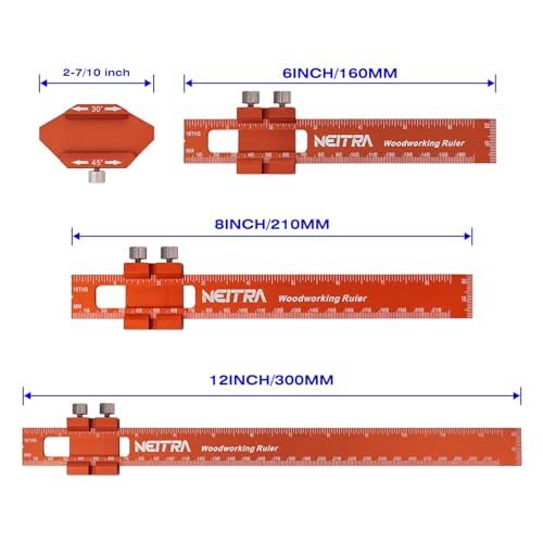 Woodworking Ruler 3pcs 6/8/12 Inches Metal Pocket Rule With A 45 & 30 ...