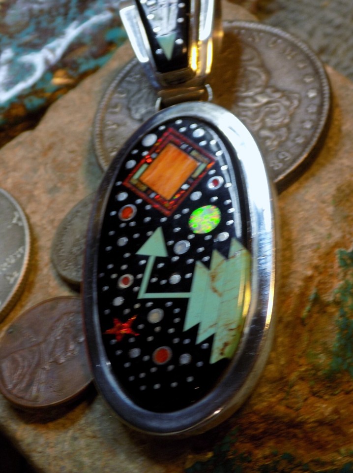 New Sterling Silver Kingman Turquoise Micro-Inlay Pendant by Navajo ...
