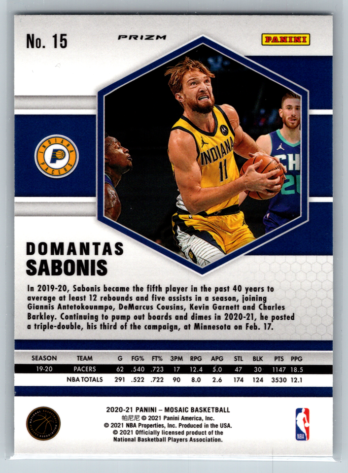 Domantas Sabonis 2020 Panini Mosaic Fast Break Silver #15 Indiana ...