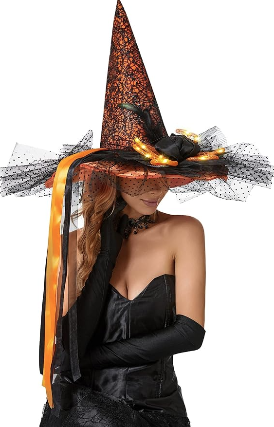 LED Witch Hat for Women with Feathers & Spiders, Halloween Party ...
