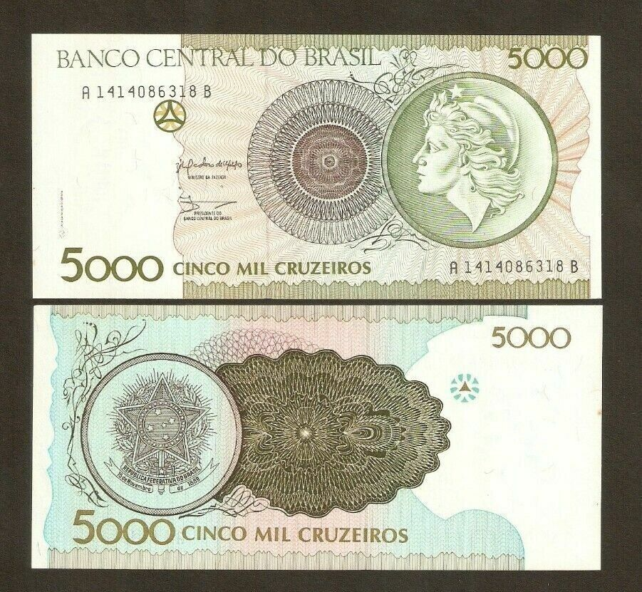 Brazil 5000 CRUZEIROS P-227 1990 UNC Liberty Brazilian World Currency ...