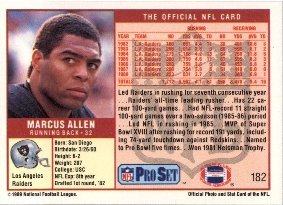 1989 Pro Set #182 Marcus Allen Los Angeles Raiders NFL HOF USC Trojans ...