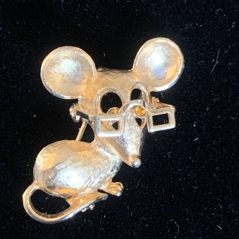 Vintage Gold Tone Avon Mouse moveable glasses & gold rhinestone eyes ...
