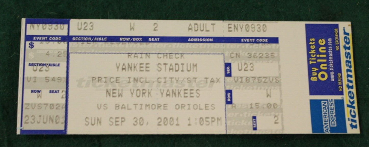YANKEES VS ORIOLES CAL RIPKEN LAST GAME TICKET September 30, 2001 | eBay