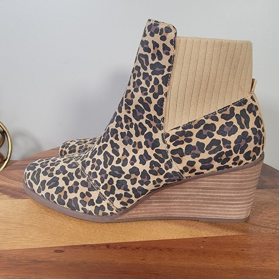 Toms Leopard Print Wedge Ankle Boots Size 12 Suede And Knit Booties ...
