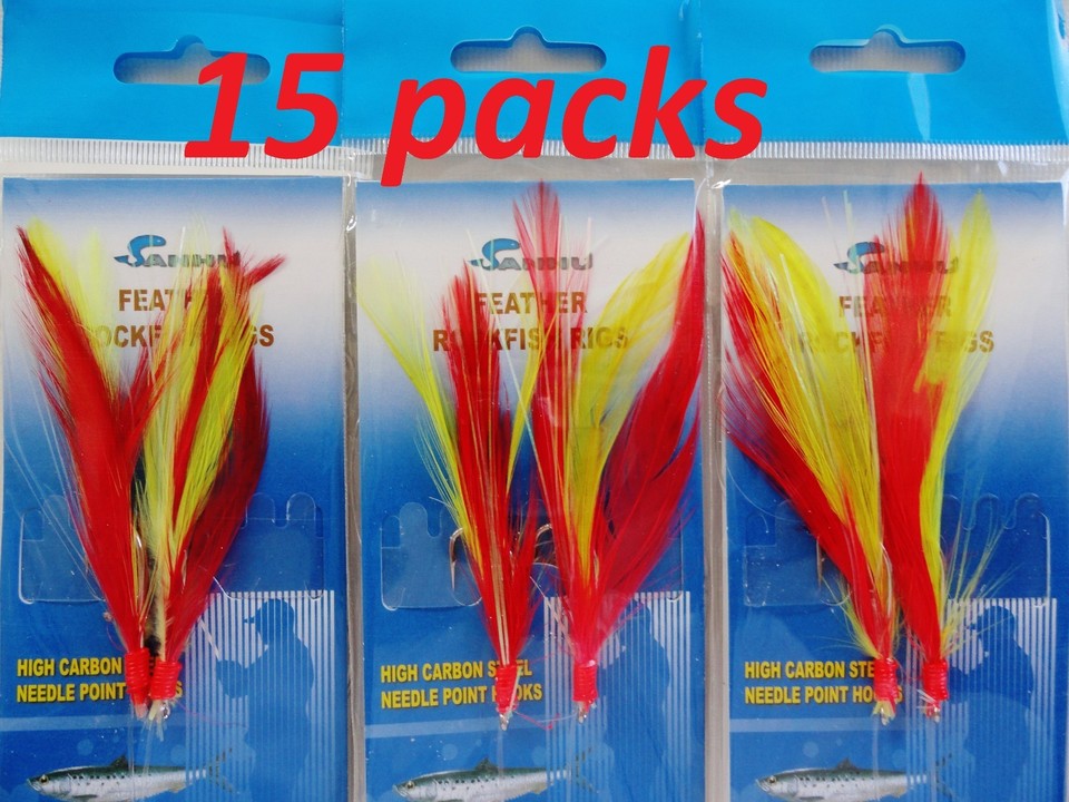 3-100 packs size 3/0 rock cod rigs red/yellow feather rockfish baits-2 ...