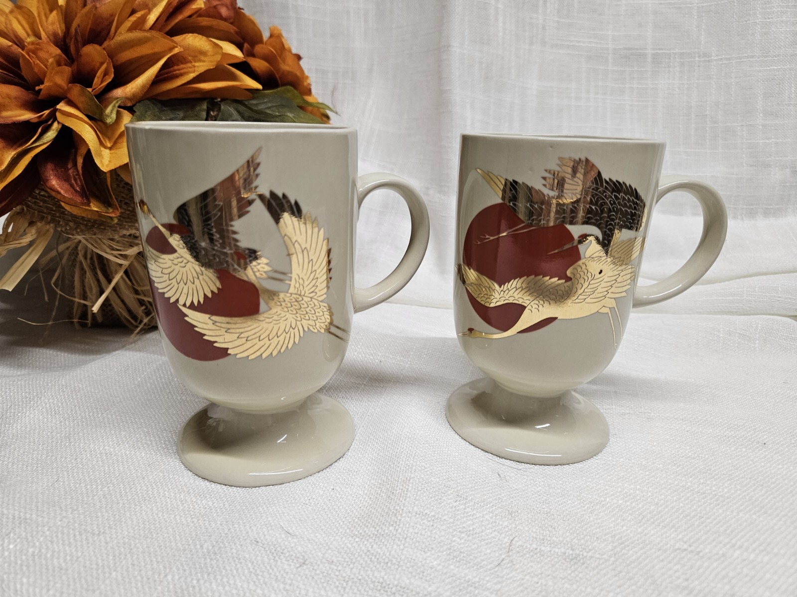 Gold Tancho Crane Bird Red Rising Sun Luck Haiku Coffee Pedestal Mugs ...