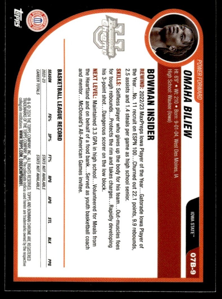 2024-25 Bowman University Chrome U 1st Omaha Biliew Iowa State Cyclones ...