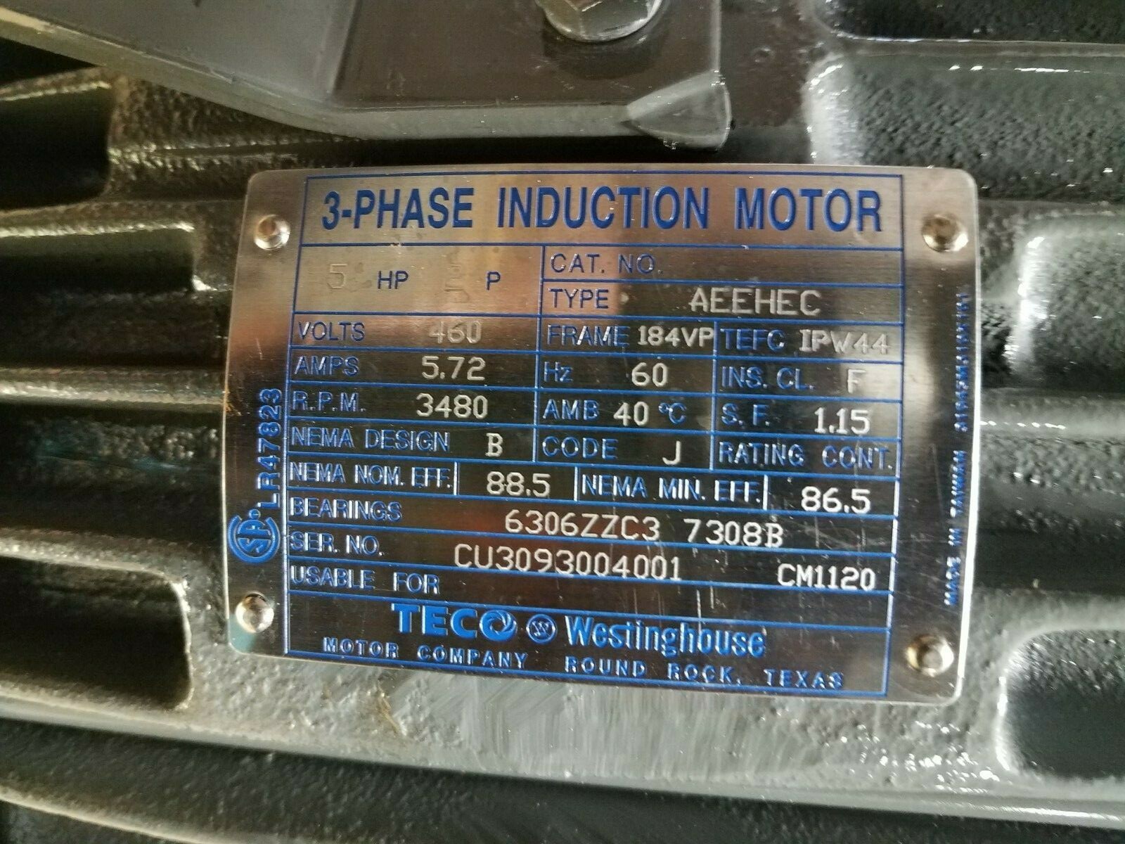 NEW TECO 5 HP 3 PHASE INDUCTION MOTOR / AEEHEC 460 VOLT 3480 RPM 184VP ...