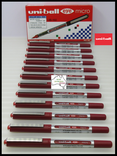 New Box 12 x RED INK Uni-ball UB150 Eye Pigment Ink Roller Ball Pen 0 ...
