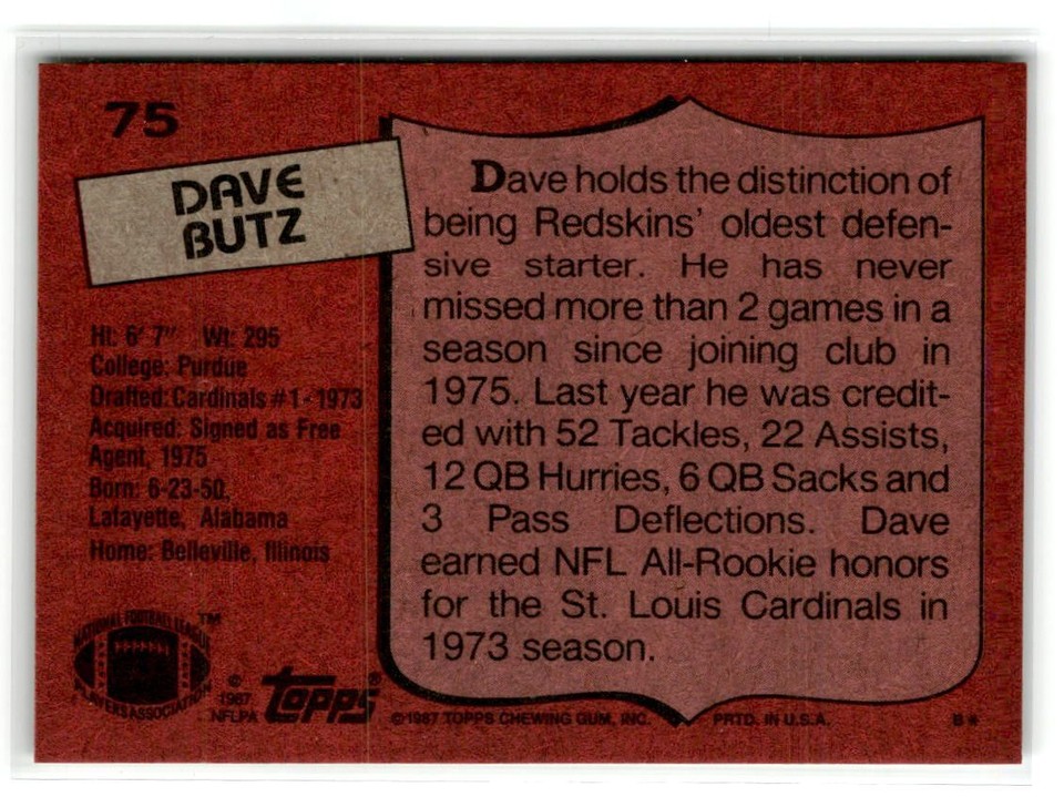 1987 Topps Football #75 Dave Butz Washington Redskins | eBay