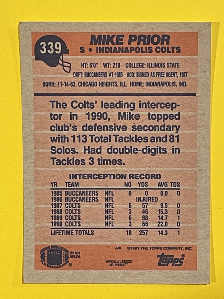 Mike Prior 1991 Topps Base #339 Indianapolis Colts | eBay