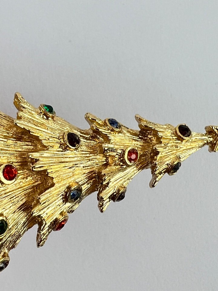Monet Christmas Tree Brooch Rhinestone Brushed Gold Tone Pin & Clip ...