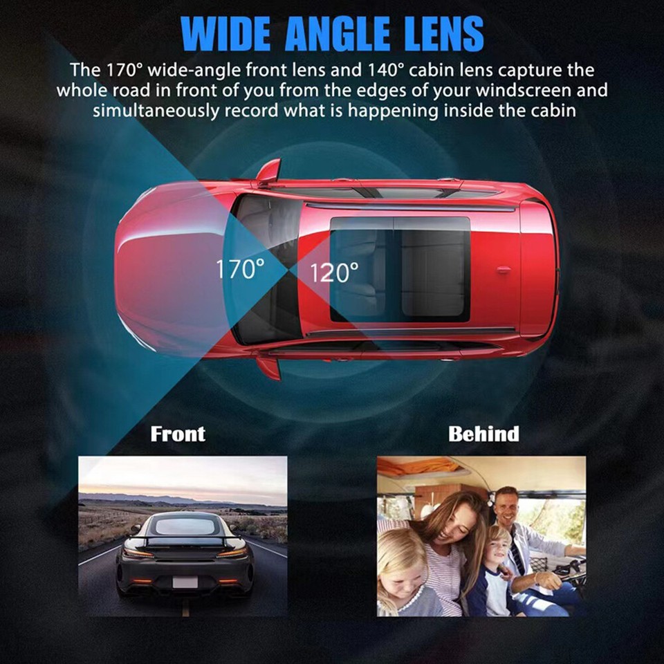 1080P HD Dual Lens Car Dash Cam Front/Rear/Inside Video Recorder Camera ...