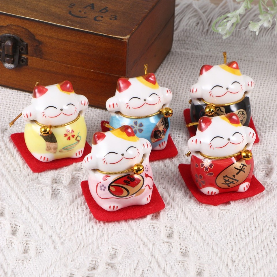 5pcs Wealth Cat Ornamrnts Cartoon Ceramic Fortune Cat Sculpture Statue ...