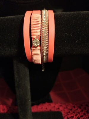 Melon Pink Leather (?) Cuff Bracelet with Rhinestones and Chain Bling ...