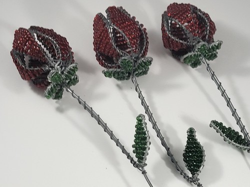 Vintage Handmade Hand Crafted Seed Bead Long Stem Red Roses Wire Lot ...
