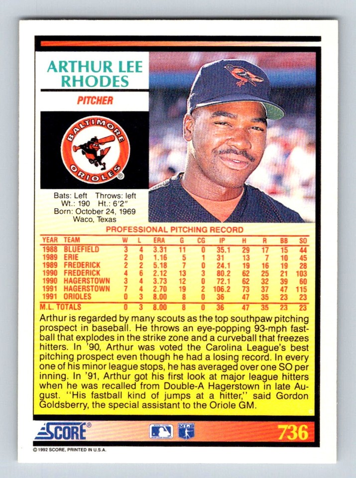 ARTHUR LEE RHODES BALTIMORE ORIOLES ROOKIE PROSPECT #736 SCORE 1992 | eBay