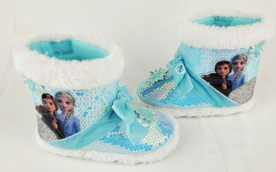 Disney Frozen Anna & Elsa Sequined Slip On Slipper Boots Comfy Size 9/ ...