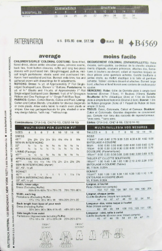 Child/Girls' Colonial Costume Sewing Pattern U-Pick Size 4-16 Butterick ...