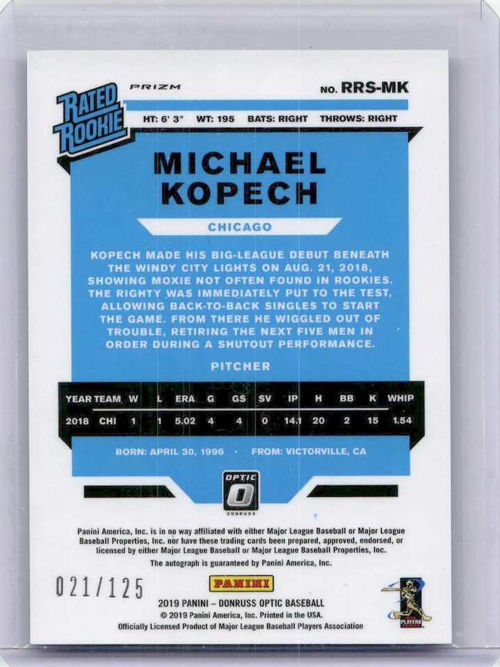 2019 Donruss Optic Michael Kopech Rated Rookies Signatures Purple #/125 ...