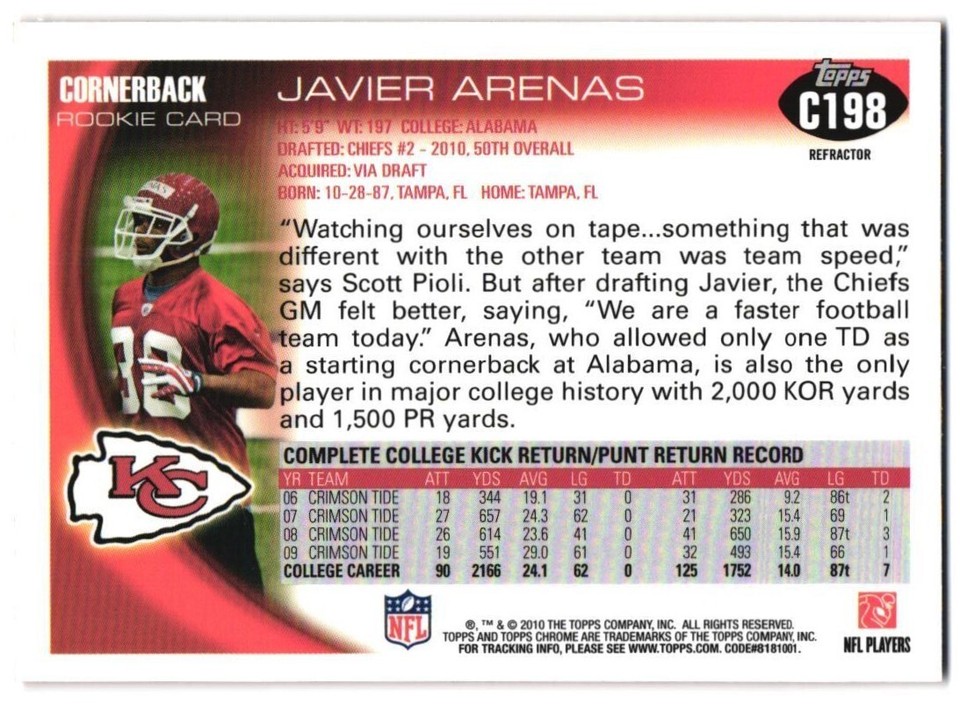 2010 Topps Chrome Orange Refractors #C198 Javier Arenas Kansas City ...