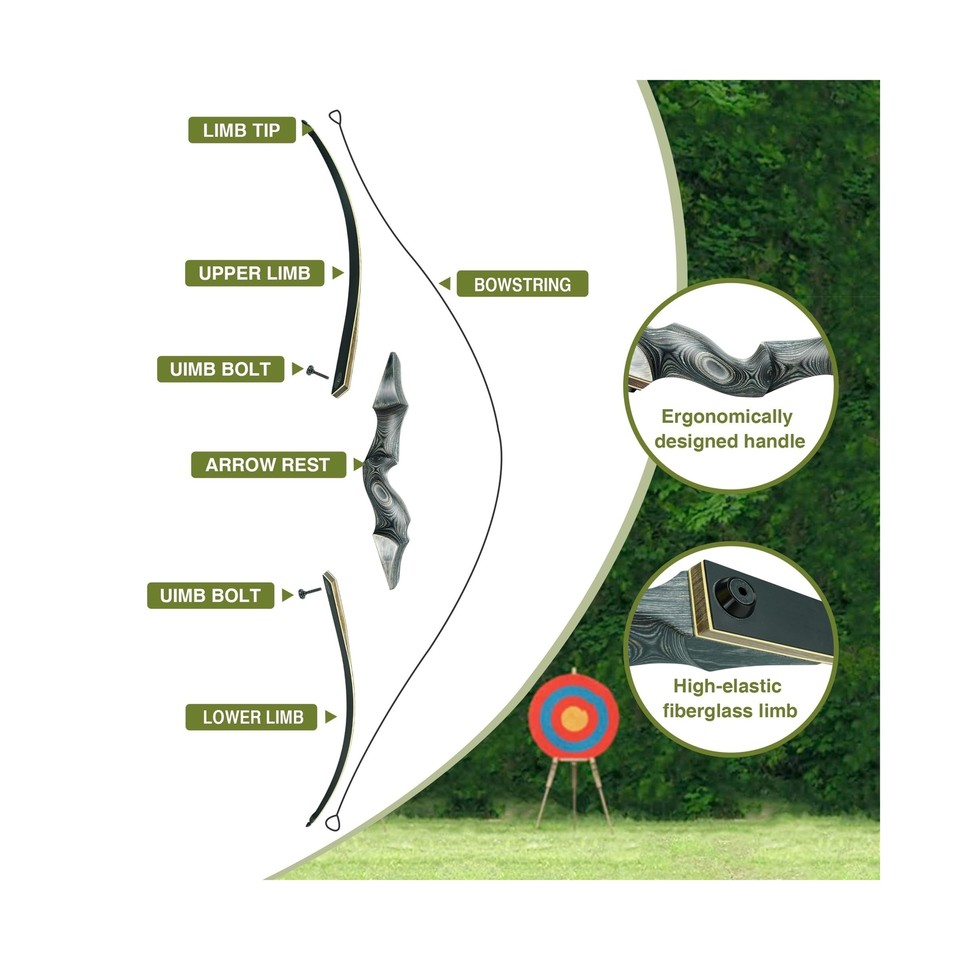 Black Hunter Takedown Longbow, GLURAK 60" Wooden Archery Bow Hunting ...