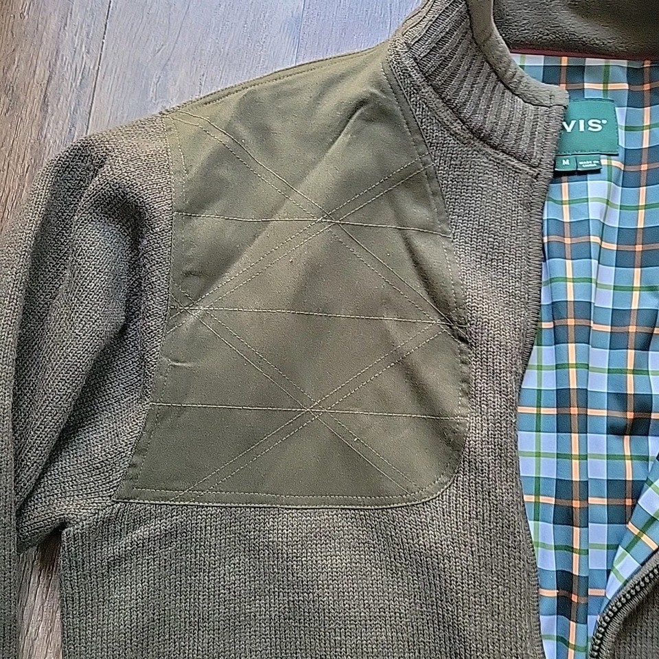 Orvis Sweater Jacket Mens Medium Olive Green Wool Full Zip Plaid Lined ...