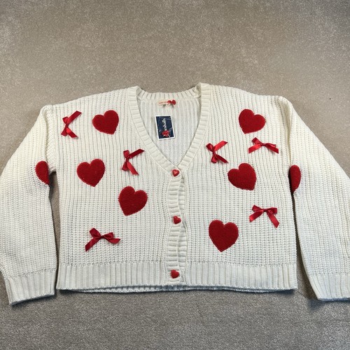Valentine Sweater Hearts Cream Button Front Cardigan women Large NWT ...