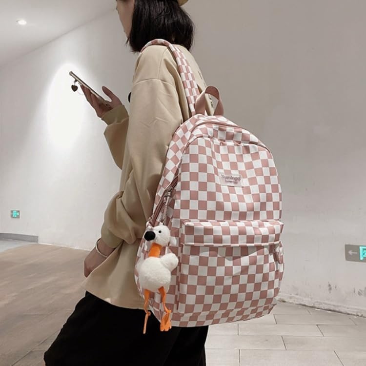 Y2K Pink Checkered Laptop Backpack with Kawaii Pendant, Preppy, Light ...