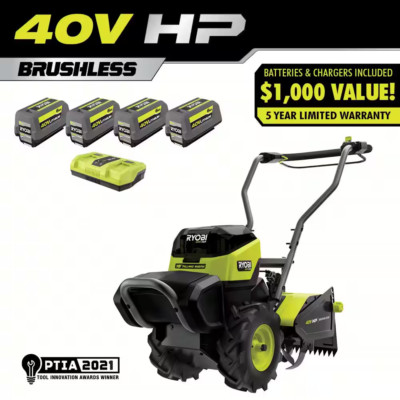 40V HP Brushless 18 In. Battery Powered Rear Tine Tiller with (4) 6.0 ...