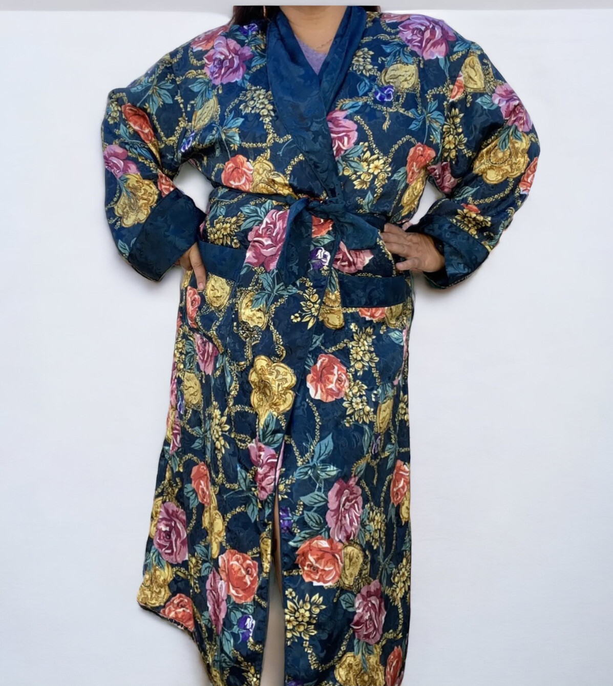 Rare Vintage navy blue floral robe victoria secret white gold label M/L ...