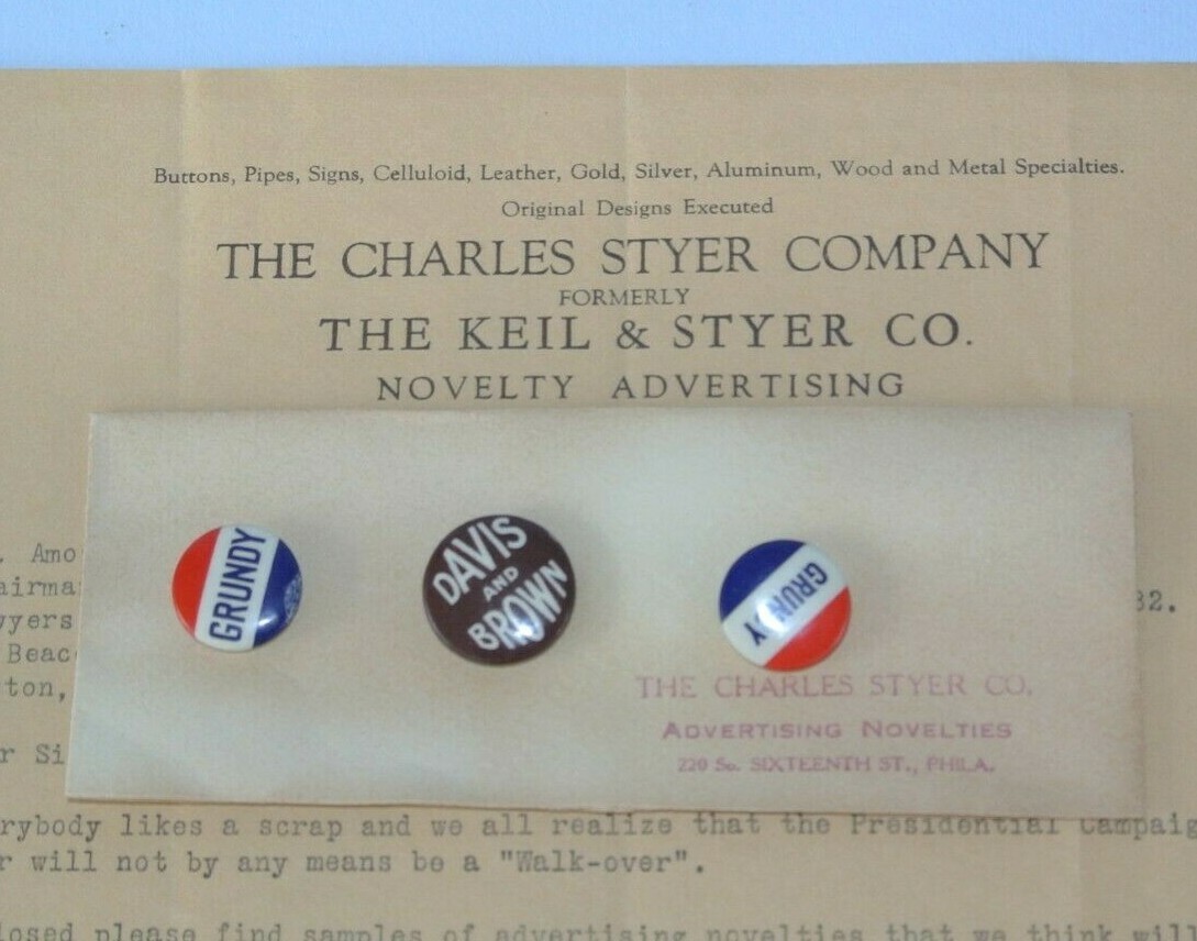 1930 PA.'s Joe Grundy & Davis and Brown Pinback Button ~ Keil & Styer ...