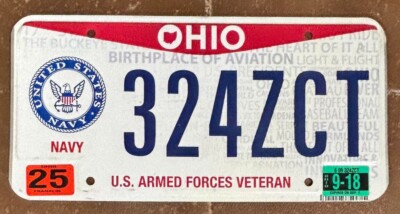 Ohio 2018 MILITARY US ARMED FORCES NAVY VETERAN License Plate # 324ZCT ...
