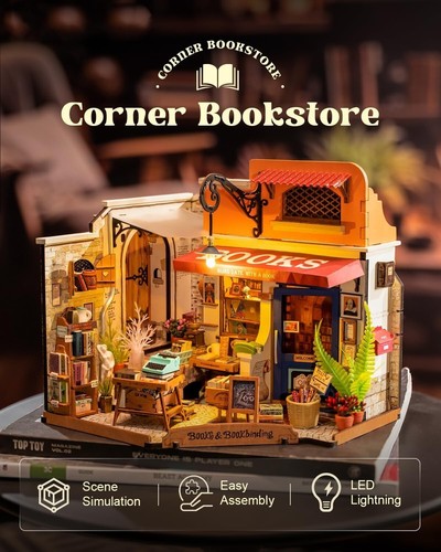 Rolife DIY Miniature Dollhouse Kit Wooden Bookstore Model Kit with LED ...