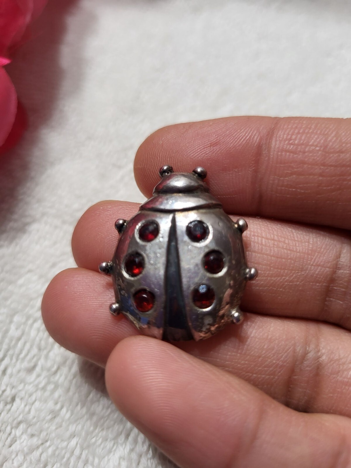 925 Sterling Ladybug beetle w/ Red stones Brooch pin - Gem